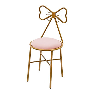 Modern Stylish Pink Bow Shaped Backrest Princess Chair Girls Ladies Creative Makeup Stool with Golden Frame for Indoor Decor Bedroom Coffee Shop