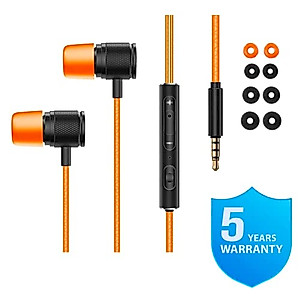 LUDOS Ultra Wired Earbuds in-Ear Headphones, 5 Years Warranty, Earphones with Microphone, Noise Isolating Ear Buds, Memory Foam for iPhone, Samsung, School Students, Kids, Women, Small Ears - Orange