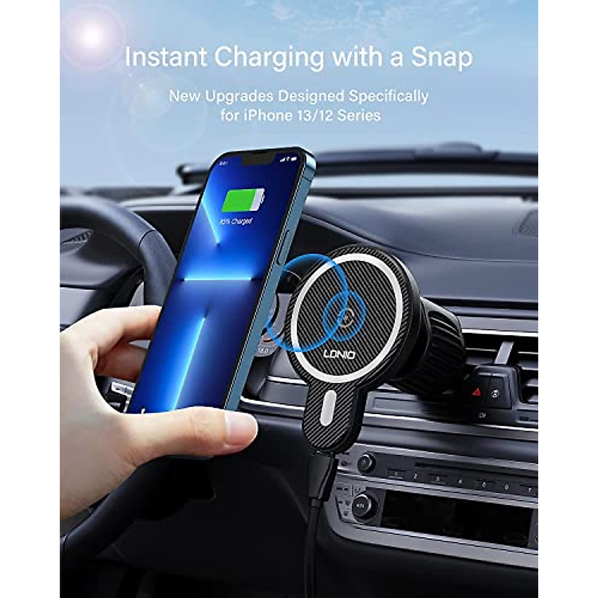 Compatible for MagSafe Car Charger, LDNIO Strong Magnet Magnetic Wireless Car Charger, Hands Free Car Phone Holder [with PD3.0 Adapter] Fit for iPhone 14 13 12 Series and Mag-Safe Case