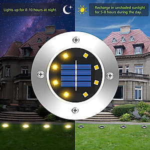 Jyniiw 8Pcs Solar Ground Lights Solar Garden Lights, 8LED Solar Lights Outdoor Garden Waterproof Disk Lights Landscape Lights for Yard Patio Pathway Lawn Driveway Deck Step and Walkway (Warm White)