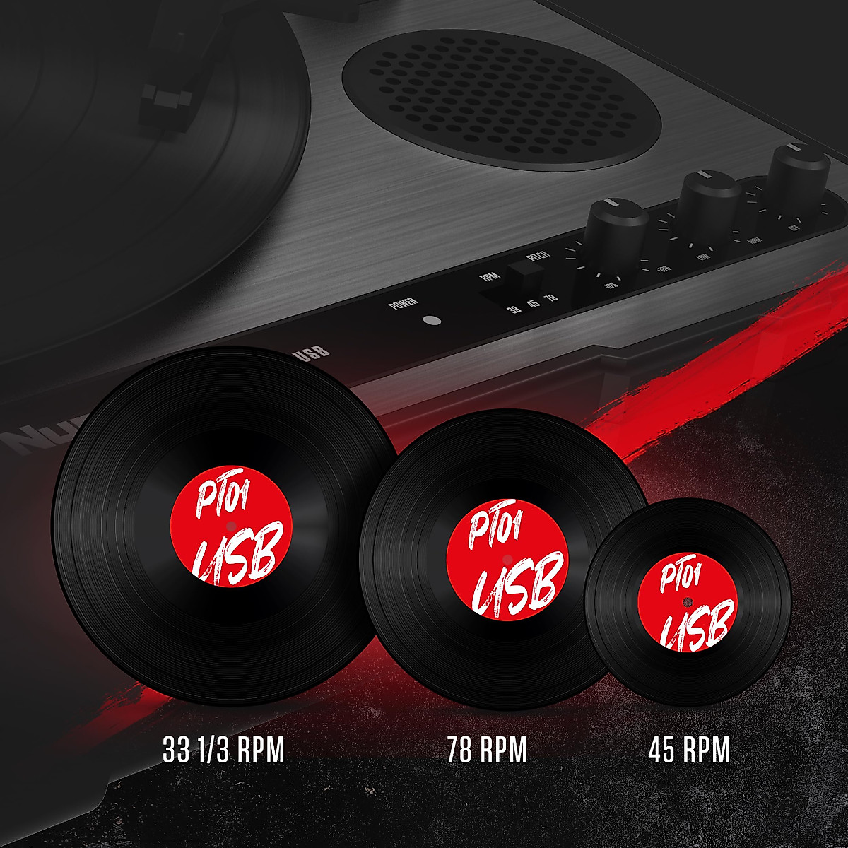 Numark PT01USB - Portable Vinyl Record Player, USB Turntable With Built In Speaker, Power via Battery or AC Adapter, Three Speed RPM Selection for Hi-Fi, Outdoors listening, DJ, Recording