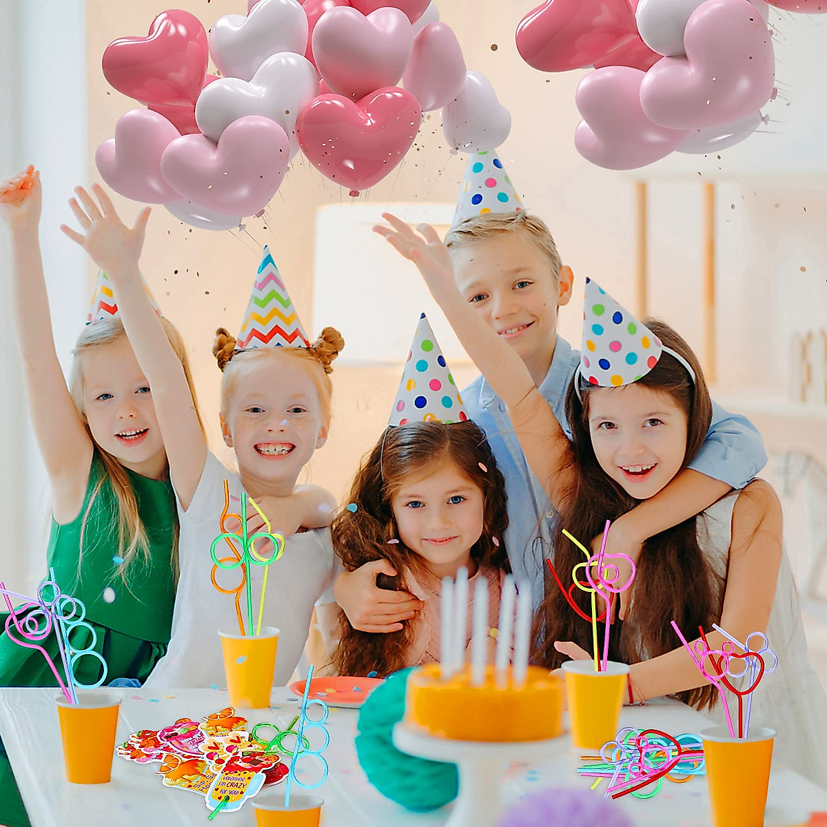 32Pack Valentines Day Cards for Kids, Valentines Greeting Cards(8 Designs)+ Colorful Crazy Loops Reusable Drinking Straws (8 Shapes) for Classroom Gifts Exchange Gift Class Prizes Carnivals Party