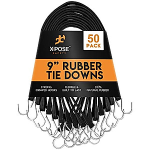 Rubber Bungee Cords with Hooks 50 Pack 9 Inch (14” Max Stretch) Heavy-Duty Black Tie Down Straps for Outdoor, Tarp Covers, Canvas Canopies, Motorcycle, and Cargo - by Xpose Safety