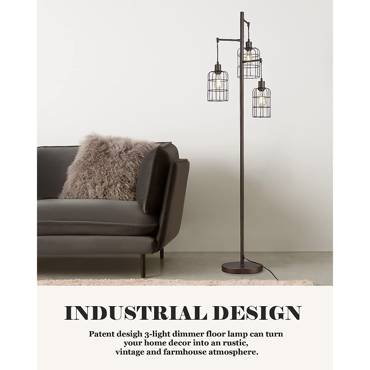 ELYONA Upgraded Industrial Dimmable Floor Lamp & Wood Desk Lamp with Wireless Charging & USB Port, Swing Arm, LED Bedside Table Lamp for Bedroom, Adjustable Reading Task Lights for College Dorm