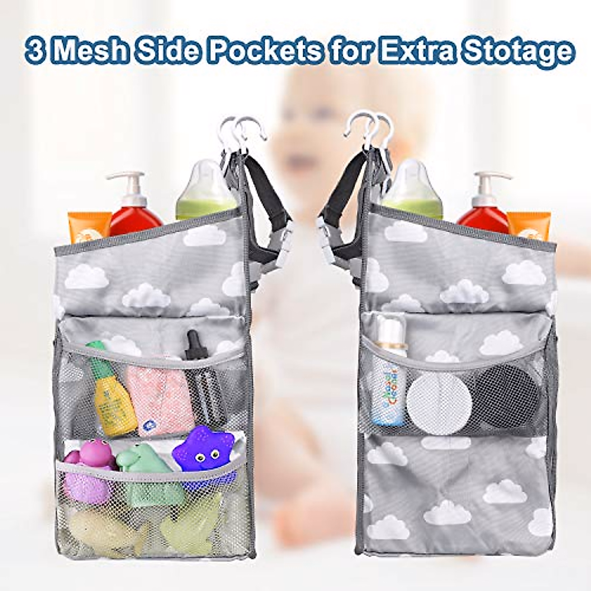 Diaper Caddy Hanging Diaper Caddy Organizer, Hanging Nursery Nappy Organiser Diaper Holder Caddy Stacker for Baby Girl Boy Crib Changing Table Playard Wall Baby Shower Gifts Bedside Storage Bag -Grey