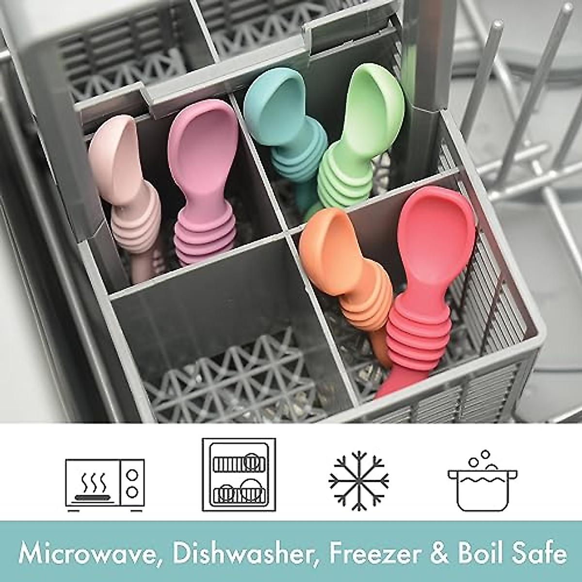 PrimaStella Silicone Chew Spoon Set for Babies and Toddlers - Safety Tested - BPA Free - Microwave, Dishwasher and Freezer Safe - Rosy Shades