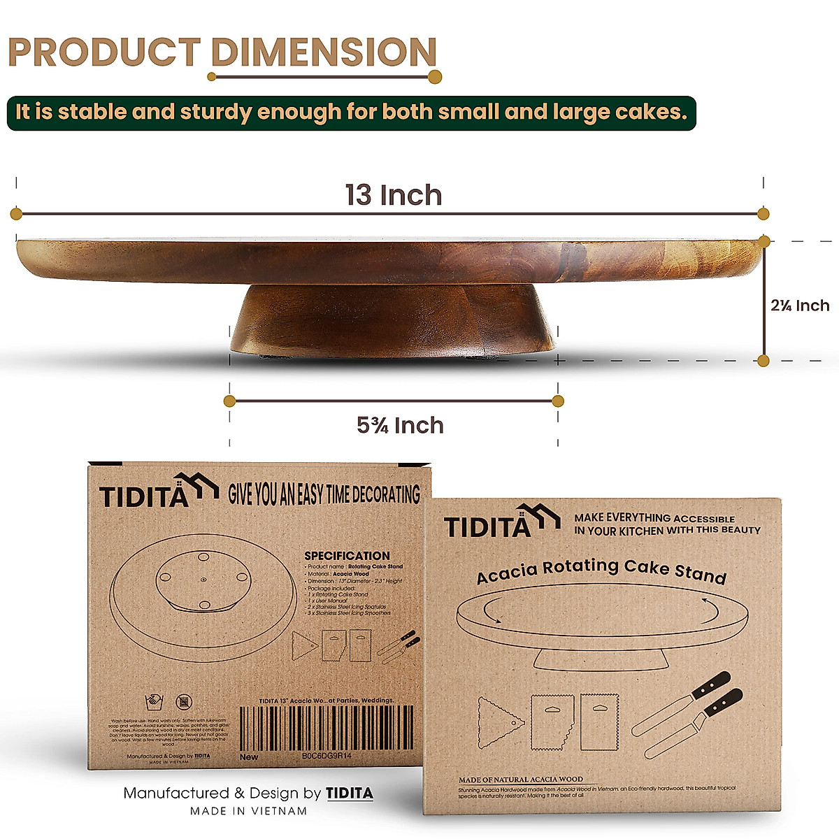 13" Acacia Cake Stand Rotating – Rustic Wood Pedestal Stands Turntable with 2 Icing Spatulas, 3 Smoothers – Wooden Spinning Cake Decorating Serving for Cupcake Dessert Display in Party, Wedding