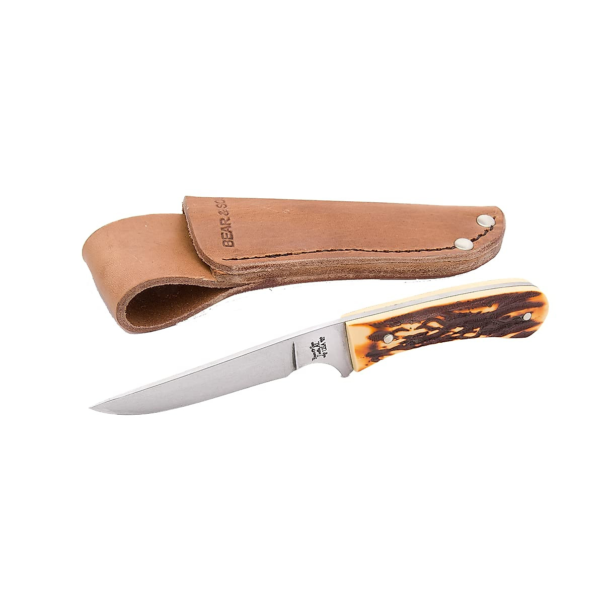 Bear & Son Cutlery 6 1/2” Bird and Trout Knife, 3” 440 High Carbon Stainless Steel Blade, Stag Delrin Handle, Leather Sheath (751)