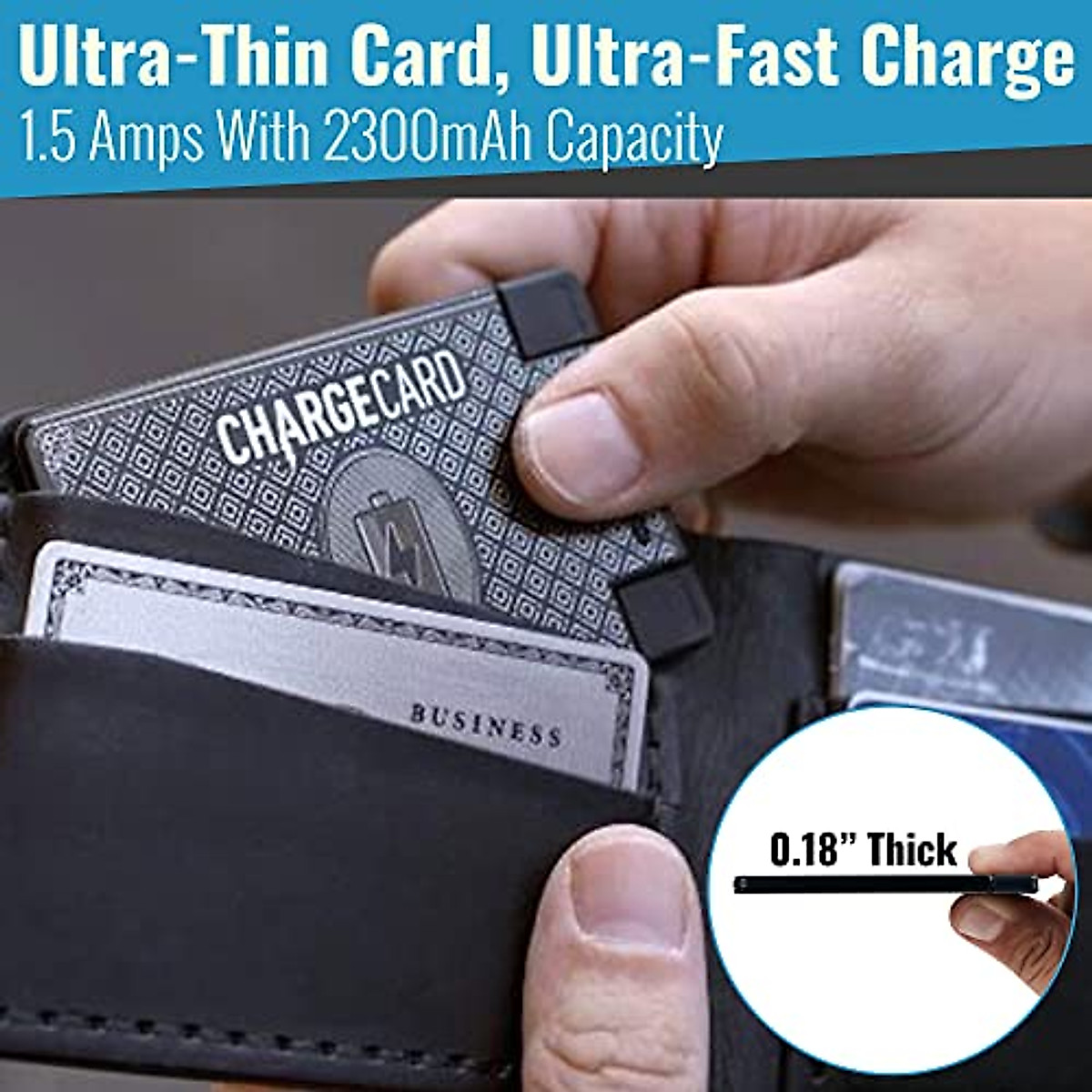 ChargeCard Portable Phone Charger & Power Bank – Fast Charging and Compact – Interchangeable Cables (Lightning, USB-C, Micro USB) - For iPhone and Android – Credit Card Sized Phone Battery Pack