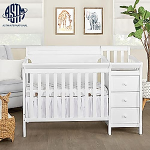 Dream On Me Jayden 4-in-1 Full Panel Mini Convertible Crib and Changer in White, Non-Toxic Finish, Made of Solid Pinewood, 3-Position Mattress Support System, Comes with 1'' Changing Pad