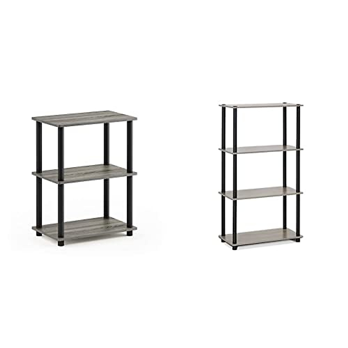 Furinno Turn-N-Tube No Tool 3-Tier Storage Shelf, Narrow, Espresso/Black & (99557GYW/BK) Turn-N-Tube 4-Tier Multipurpose Shelf Display Rack - French Oak Grey/Black