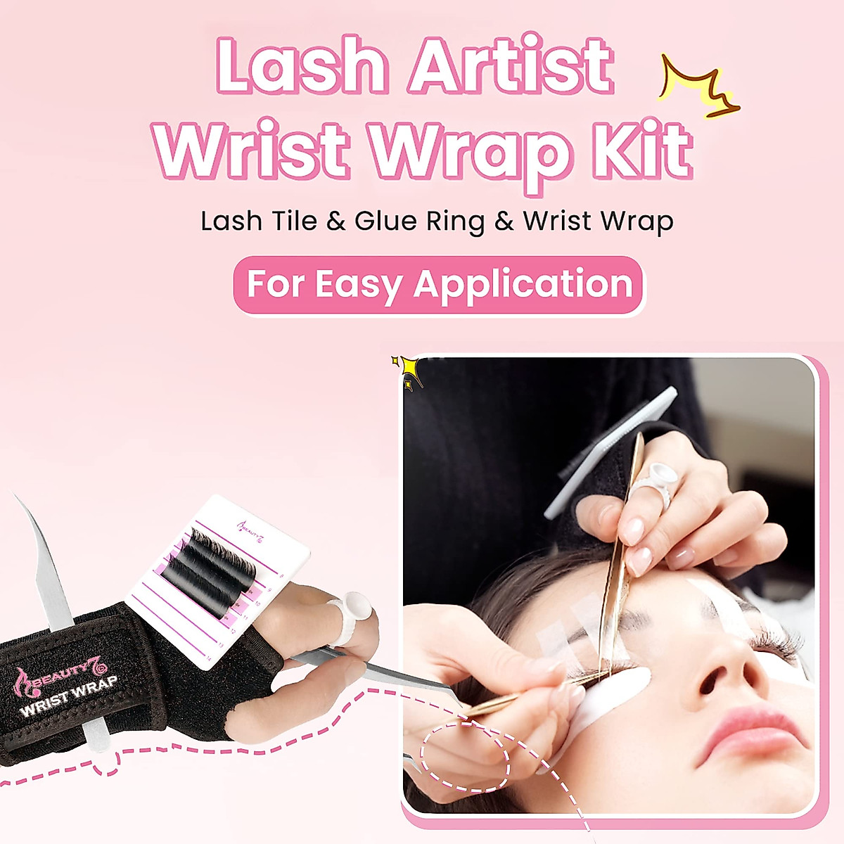 Beauty7 Eyelash Extension Holder Plate Pallet Stand Base Tray With Hand Wrist Wrap Tool Strip Glue Ring Kit For Professional Individual False Lashes (Wrist Wrap,Glue Ring,2x Pallet,3M Loop Tape)