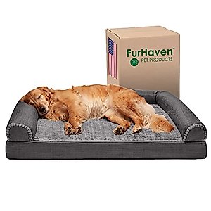 Furhaven XL Orthopedic Dog Bed Luxe Faux Fur & Performance Linen Sofa-Style w/ Removable Washable Cover - Charcoal, Jumbo (X-Large)