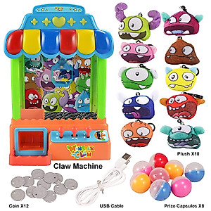 JOYIN 32Pcs Claw Machine Toys with Lights & Sounds, Mini Arcade Machine with 10 Plush Animal Characters and 8 Capsules, Electronic Claw Game Vending Grabber Machine for Kids Birthday Gift