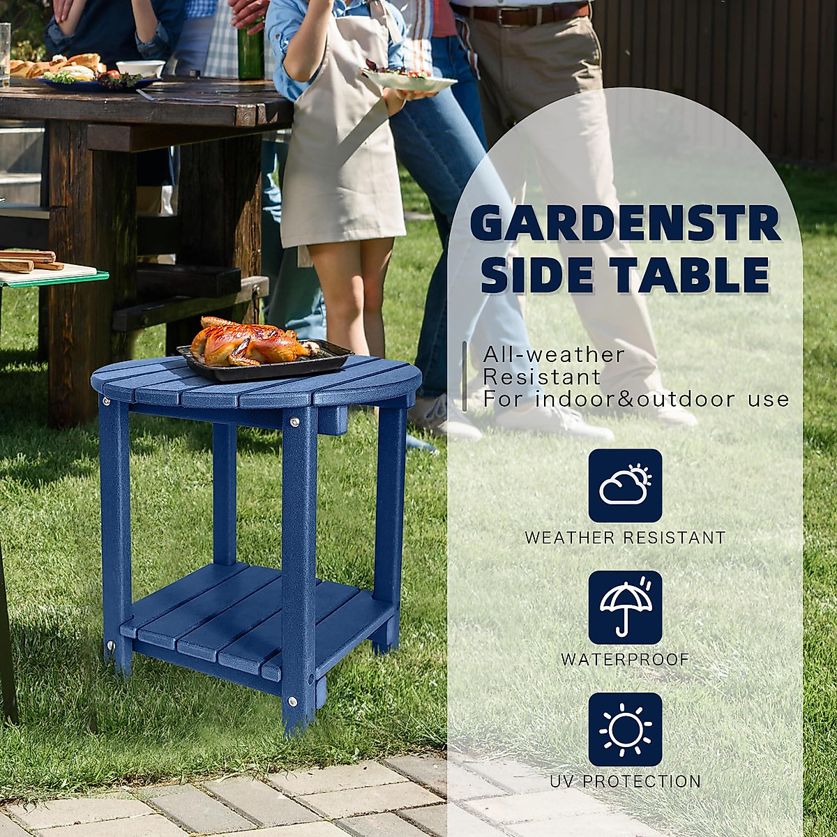 GARDENSTAR Adirondack Round Outdoor Side Table 2-Tier Storage Patio Side Table, HDPE End Tables for Backyard Pool Porch Garden Lawn (Blue)