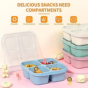 CIGENBON Bento Snack Boxes 4 Pack, Reusable Bento Boxes Kids with 4 Compartments & Fork, Lunch Snack Containers for Kids Adults, Divided Food Storage Containers for School Work Travel (Wheat)