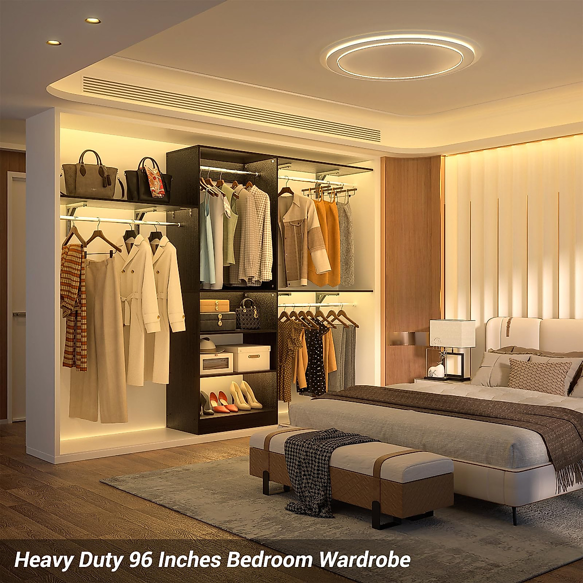 Armocity 96'' Closet System, 8FT Walk In Closet Organizer with 3 Shelving Towers, Heavy Duty Bedroom Wardrobe with 5 Shelves, Wall Mounted Clothes Rack (Can Be Cut To Fit), 96"L x 16"W x 75"H, Black