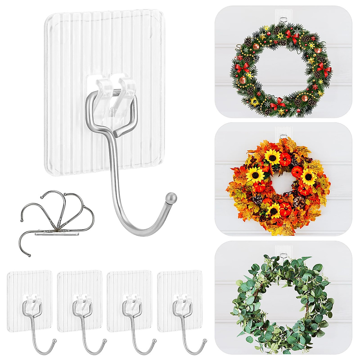 AccEncyc Adhesive Wall Hook, 10Pcs Heavy Duty Adhesive Hooks Strong Stick On Wall Hooks, Stainless Curtain Hook Wreath Door Hanger for Holiday Deco