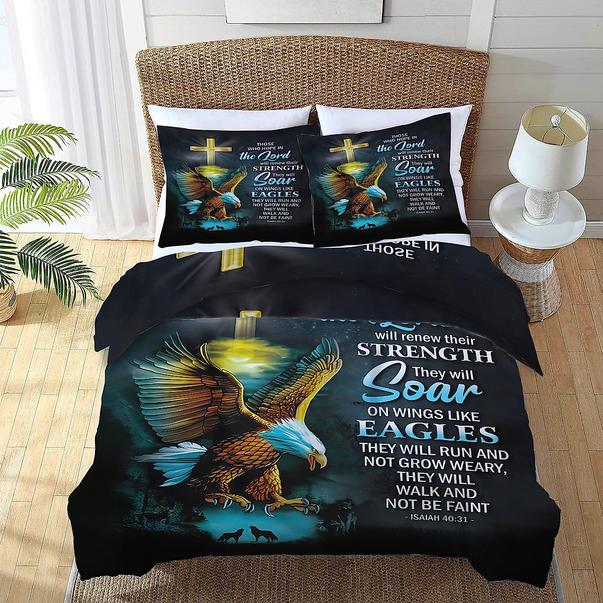 nanen Bald Eagle Christian Comforter Set Eagle Decor Bible Verse Full Bed Duvet Cover Set for Girls Boys Women Adults Teens Eagle Bedding Comforters 3 Piece Bedding Set