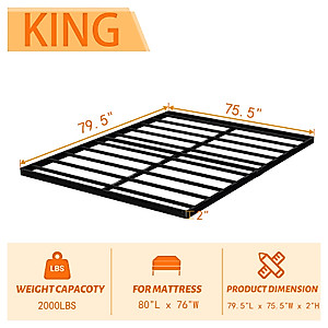 Askeld King Bunkie-Board Only, 2 Inch Low Box-Spring with Steel Slats, Quick Lock Metal Frame Bed-Slat Replacement, Noise Free Mattress Surpoort Base, Upholstered Bed Accessories, Black