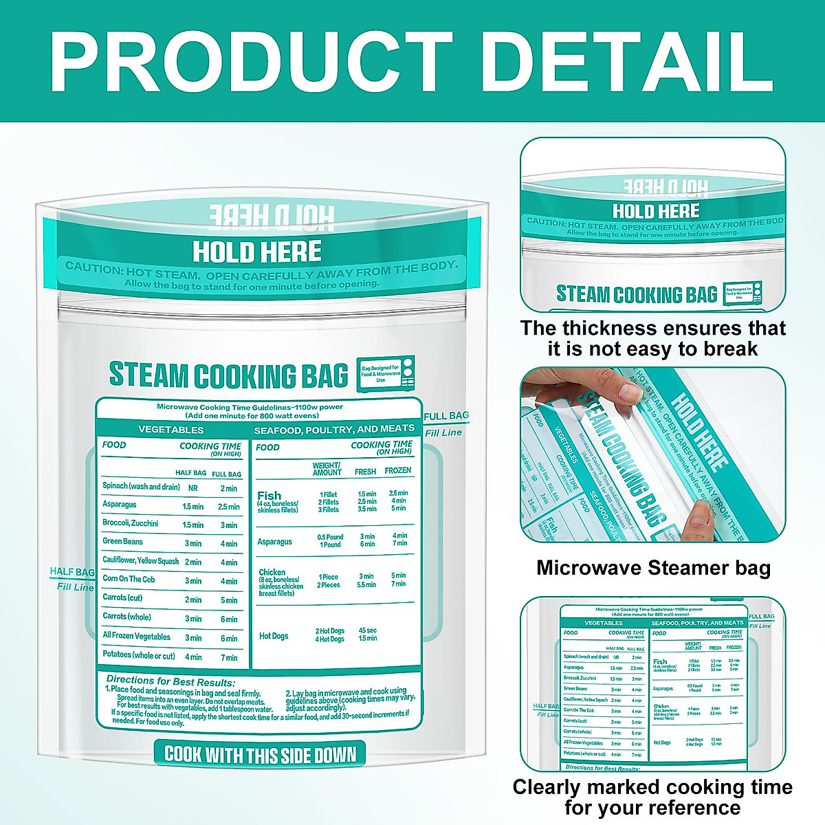 Resurhang 200 Pack Zipper Microwave Steam Bags Reusable Steam Cooking Bags for Vegetables Potatoes and Meat