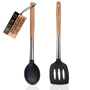BINO 2-Piece Silicone Spoon & Slotted Turner Set with Stainless Steel & Wooden Handle - Black | BPA-Free Nonstick & Heat Resistant Silicone | Mixing & Serving | Cooking Utensils for Nonstick Cookware