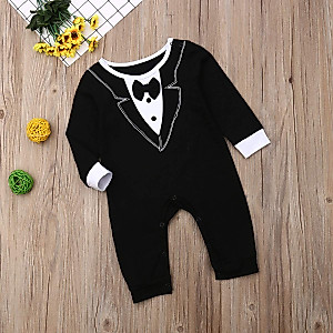 Baby Boy Gentleman Shirt Bowtie Romper Tuxedo Jumpsuit Overall Black Suit Clothes 0-18M (Black, 0-6 Months)