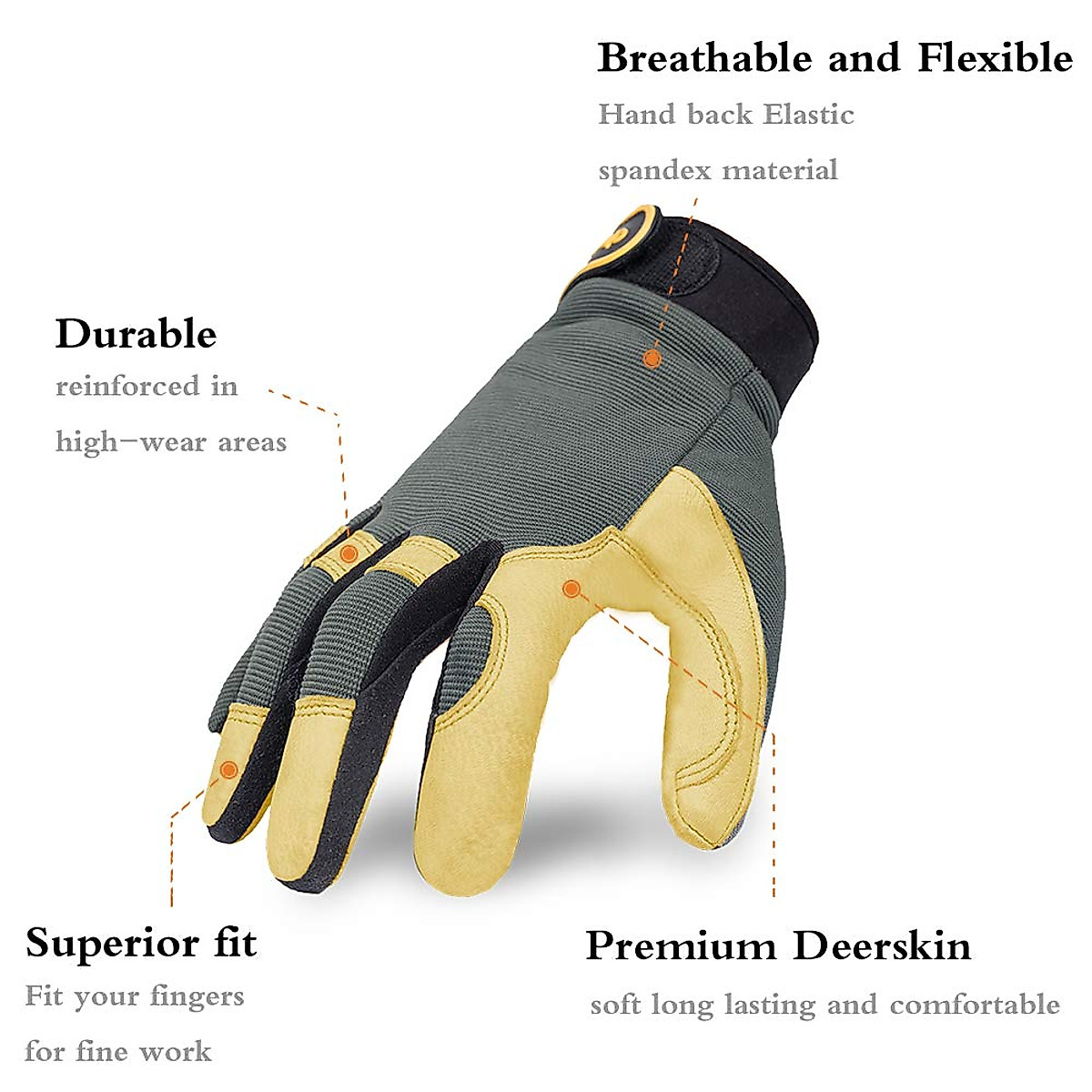 Intra-FIT General Work Gloves, Deerskin Construction Gloves,Soft, Improved Dexterity