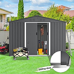 SUNCROWN Outdoor Garden Storage Shed 6X8 FT Yard Storage Tool with Sliding Door for Lawn Equipment Garden Backyard, Grey