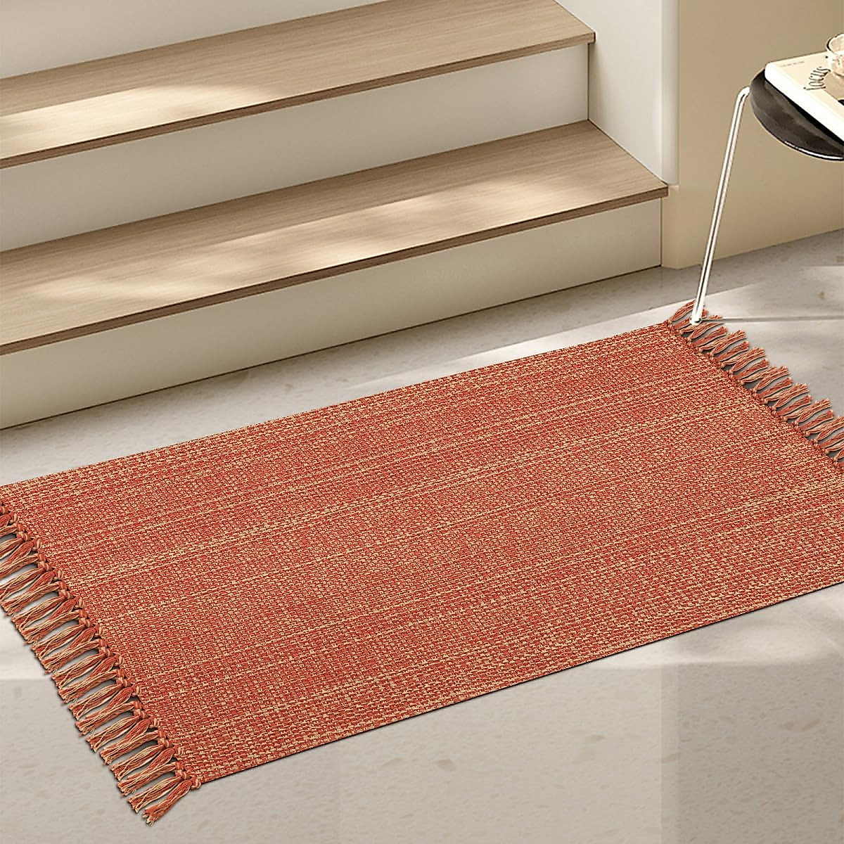 Boho Bathroom Rug, 2' x 3' Small Area Rug Hand-Woven Low Profile Entryway Rug with Tassels, Terracotta Cotton Braided Reversible Washable Kitchen Mat Farmhouse Fall Front Door Rug for Foyer Indoor