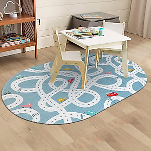 STARUIA Large Kids Playroom Rug, 4'x6' Washable Road Rug for Nursery, Non-Slip Fun Area Rug for Kids Room, Blue Car Rug Play Mat Soft Baby Carpet for Boys Girls Dorm Toy Room Tent