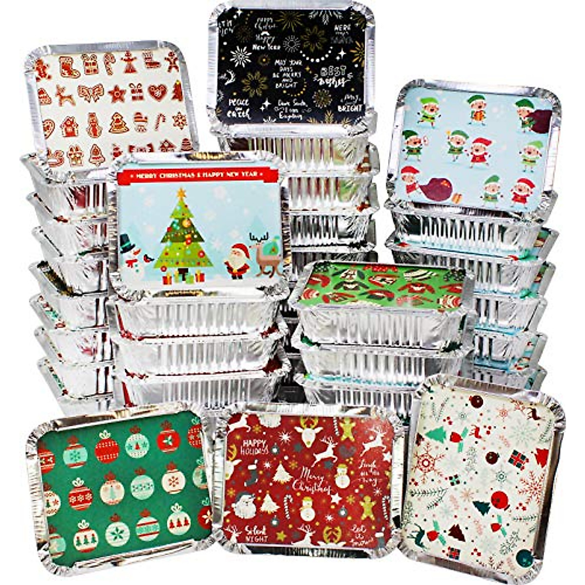 JOYIN 48 Pcs Christmas Cookie Tins with Lids for Gift Giving, Rectangular Treat Foil Containers, Tupperware Disposable Food Storage Pan for Holiday Leftovers Goodie Container or Cookie Exchange