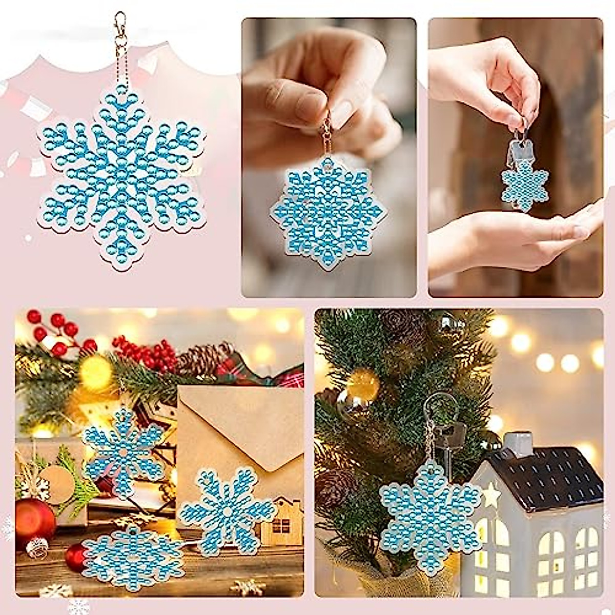 clothmile 12 Pieces Snowflake Diamond Painting Keychains Kit DIY Diamond Art Keychains Winter 5D Full Drill Diamond Painting Hanging Ornament Silver Rhinestone Pendants for Holiday Party Supplies