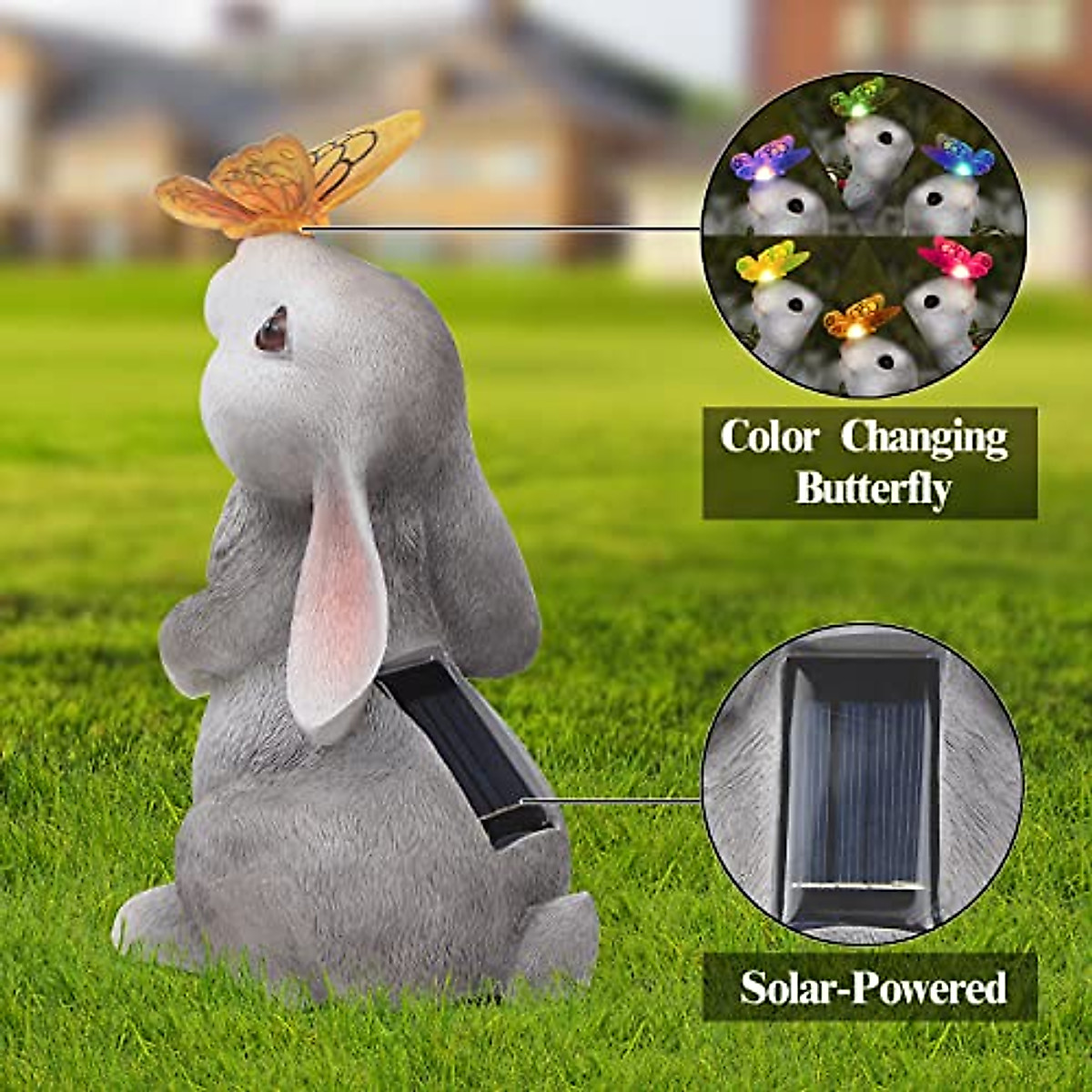 Sinhra Garden Statue Outdoor Decor-Rabbit with Solar Butterfly Changing Lights Garden Statues,Bunny Statue for Patio,Balcony,Yard,Lawn Ornament,Gardening Gifts for Mom Grandma