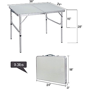 Cimiva Aluminum Folding Table 3 Foot, Adjustable Height Lightweight Portable Camping Table for Picnic Beach Outdoor Indoor, White 36 x 24 inch (3-Feet (2 Heights 15"/28"))