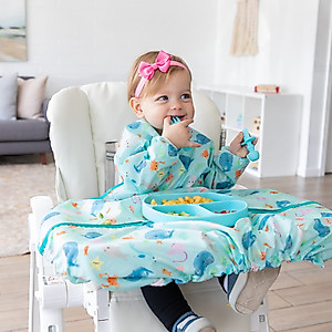 Bumkins Baby Bib and High Chair Cover Combination, for 6-24 Mos, Girl or Boy Toddler, Long Sleeved for Babies, Baby Led Weaning Essentuals for Eating, Feeding Babies, Mess Saving, Ocean Life Blue