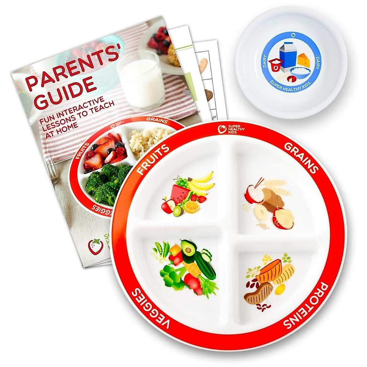 Health Beet MyPlate Portion Control Plate with Dairy Bowl & Parents Guide – 4 Divided Sections of Fruit Grains Veggies Proteins - Sectioned Plates for Health Education - (Set of 1 Each)