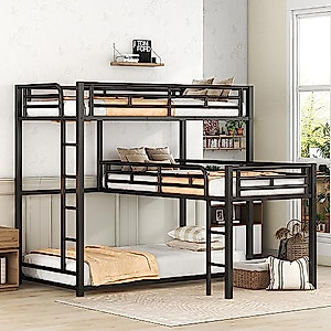 GINGVAT L-Shaped Metal Triple Twin Size Bunk Bed with 2 Built-in Ladder, Loft Bedframe and Safety Guardrails, Modern Style Bedroom Furniture for Children/Teenagers, Black