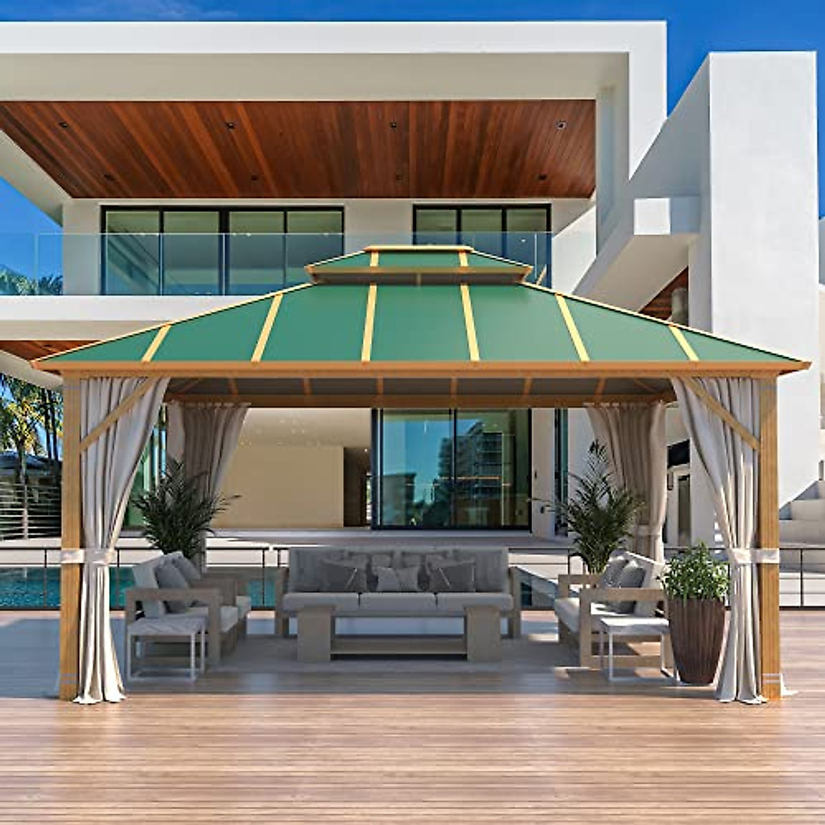 MELLCOM 12' x 14' Hardtop Gazebo, Wooden Grain Coated Aluminum Frame Outdoor Gazebo with Double Roof, Claret Metal Curtains and Nettings for Patios, Gardens, Lawns Green