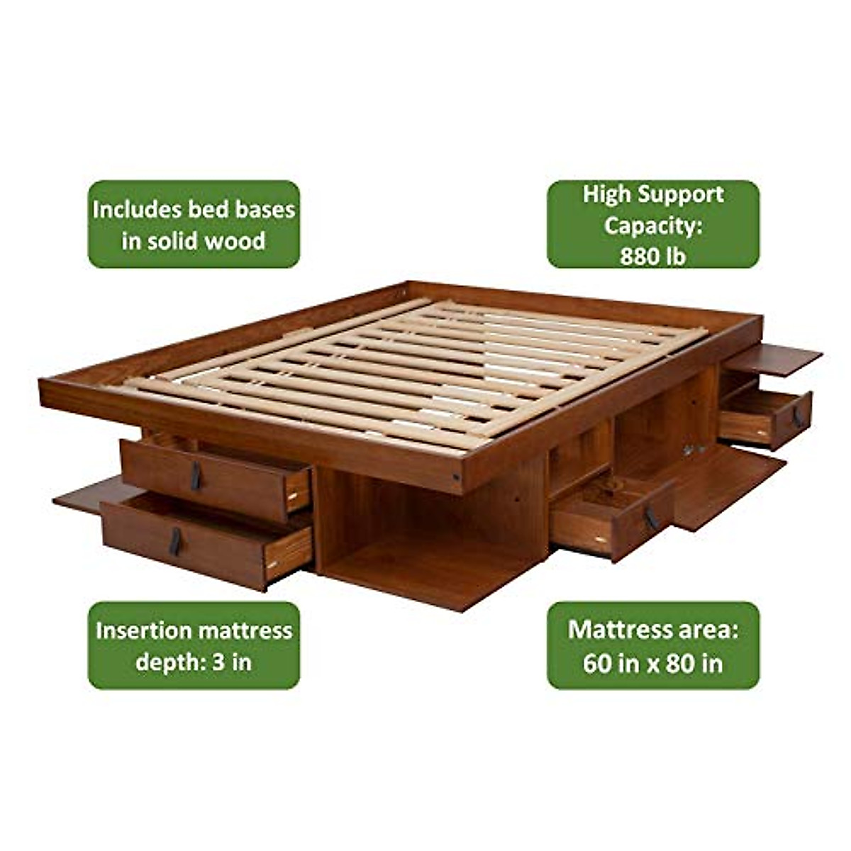 memomad Bali Storage Platform Bed with Drawers (Queen Size, Caramel)