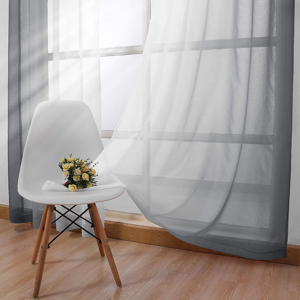 DWCN Grommet Grey Ombre Sheer Curtains Bundle White Linen Look Sheer Curtains for Living Room, Set of 4 Panels, 52 x 84 Inches Long