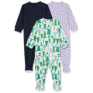 Amazon Essentials Unisex Babies' Cotton Snug-Fit Footed Sleeper Pajamas, Pack of 3, Ecru Festive Tree/Navy/Purple Dots, 0-3 Months