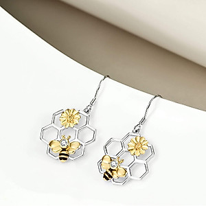 LUHE Honeycomb with Bee Stud Earrings 925 Sterling Silver Beehive and Bee Earrings for Women (bee earrings) (B-Bee earrings)