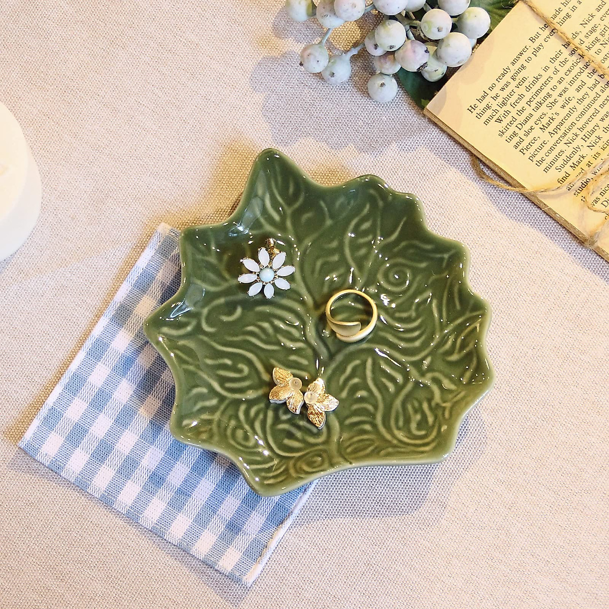 LZBALUYO Jewelry Dish Trinket Tray for Women, Ring Dish Holder, Unique Leaf Shape Ceramic Plate Cute Things Vanity Aesthetic Room Decor Mother's Day Birthday Christmas Warm House Gifts (Green)