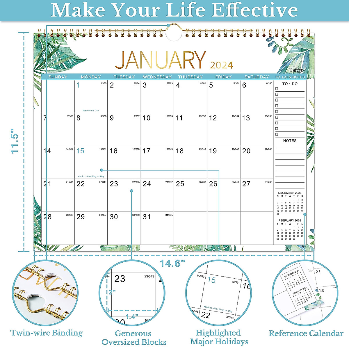 Wall Calendar 2023 - 12 Monthly Calendar 2023, Jan. 2023 - Dec. 2023, 2023 Calendar with Julian Date, 14.6" x 11.5",Twin-Wire Binding, Blank Block with Julian Dates, Perfect 2023 Wall Calendar for Organizing