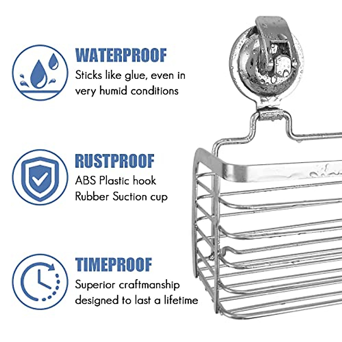 N-S Khdrvok Vacuum Suction Cup Bath Storage Basket Stainless Steel Bathroom Shower with soap Holder and Hooks