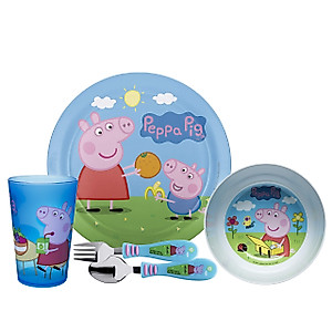 zak! 5-Piece Dinnerware Set, Peppa Pig - Durable Plastic & Stainless Steel - Includes Tumbler, 8-Inch Plate, 6-Inch Bowl, Fork & Spoon - Suitable for Kids Ages 3+