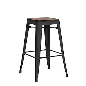 Alunaune 24" Metal Bar Stools Set of 4 Stackable Counter Height Barstools Backless Industrial Kitchen Bar Chairs with Wooden Seat-Matte Black