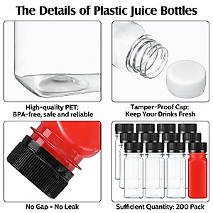 Sliner 200 Pcs 2oz Small Plastic Juice Bottles Ginger Juice Bottle with Lids Liquid Vial Reusable Clear Beverage Container with Lid, Freezer Safe, Leak Proof for Juice, Water, Milk(Black Lid)