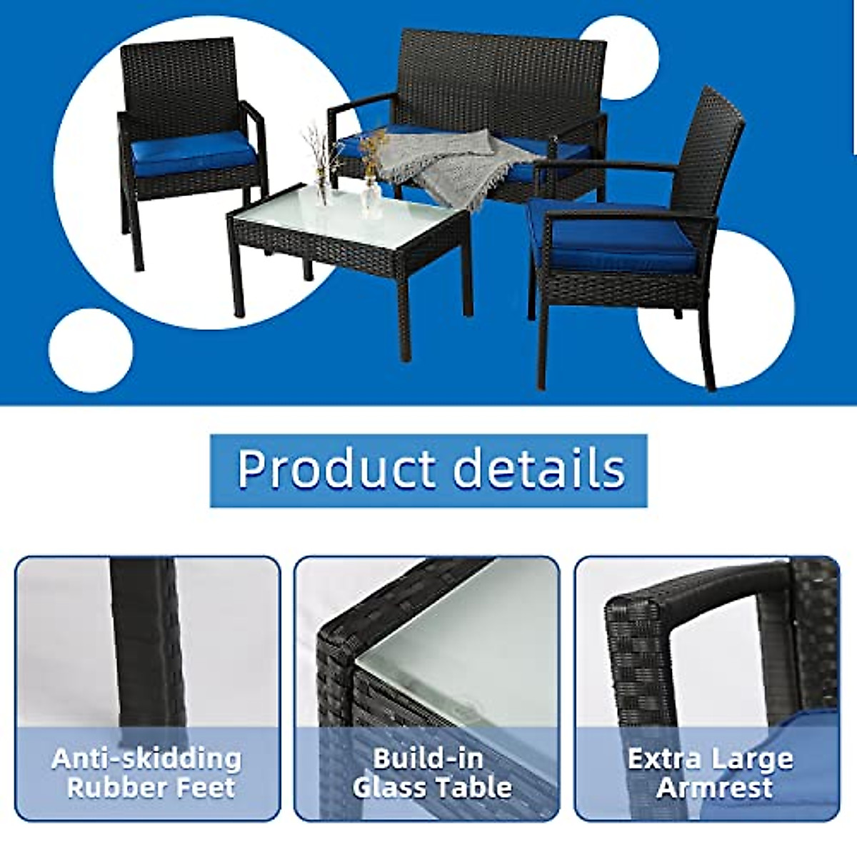 KAWIVAST 4 Pieces Patio Furniture Set, Wicker Patio Furniture Sets, PE Rattan Outdoor Furniture, Outdoor Conversation Sets, Deck Furniture Sets, All-Weather Patio Furniture